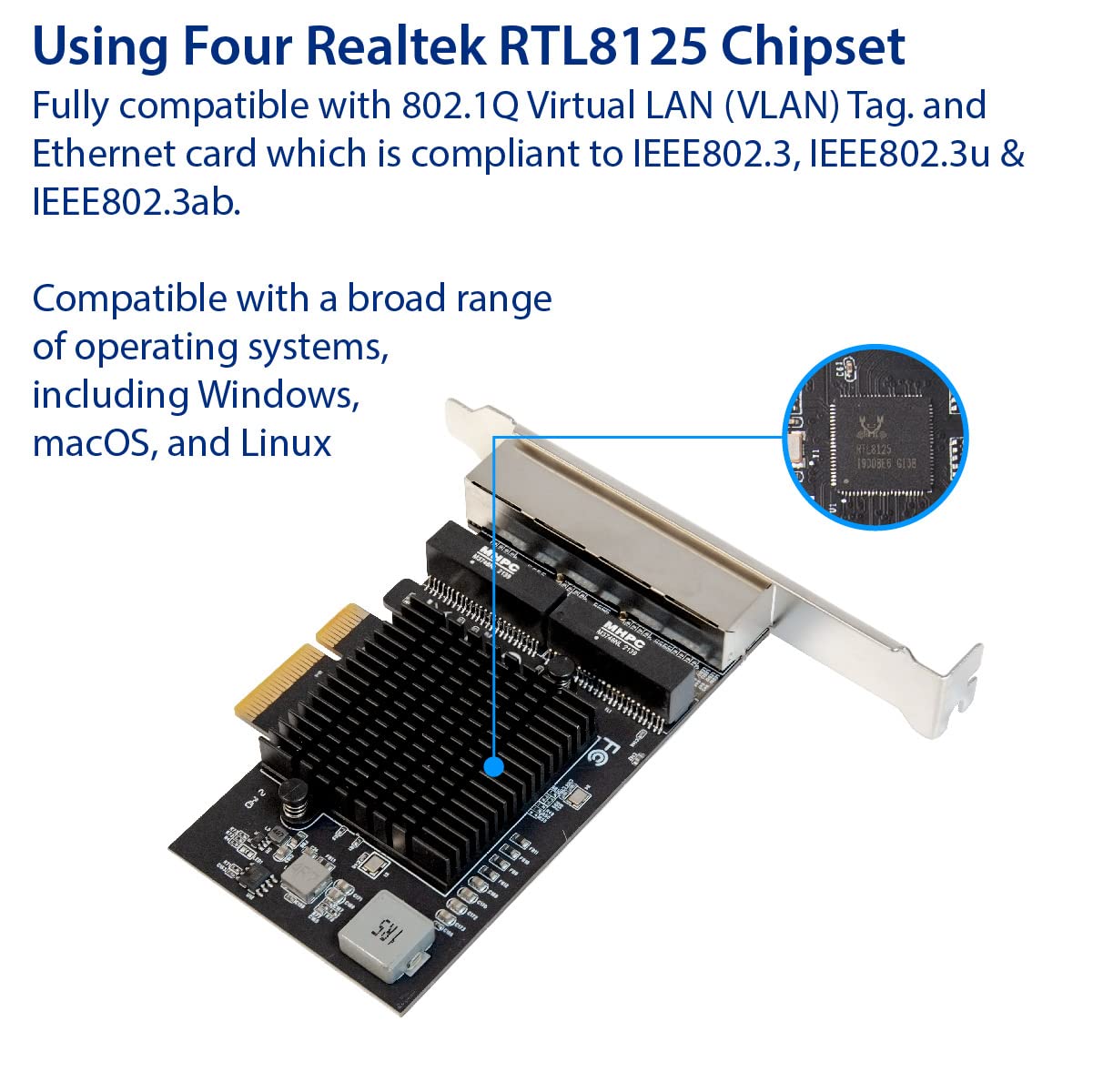 IO CREST Quad 2.5 Gigabit Ethernet PCI Express PCI-E Network Interface Card 10/100/1000/25000 Mbps RJ45 LAN Realtek RTL8125 Chipset, Black (SI-PEX24077)