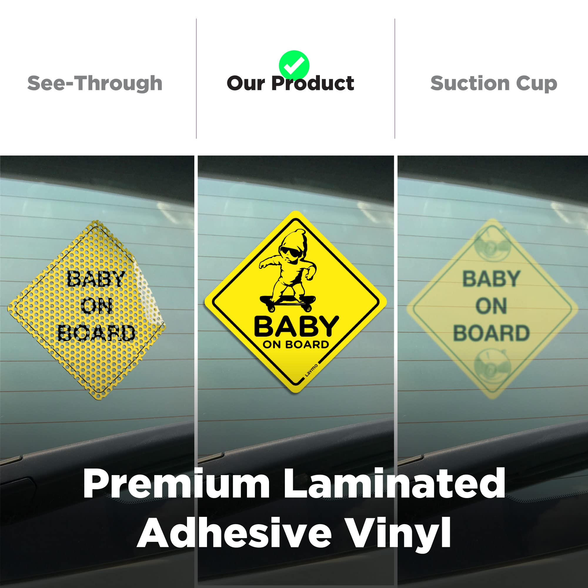 LAVMO Baby On Board Sticker For Cars (2 Pcs) - Bright Yellow Reflective Safety Signs - 5"x5" Funny and Cute Safety Caution Decal Sign for Window and Bumper - No Need for Suction Cups and Magnets