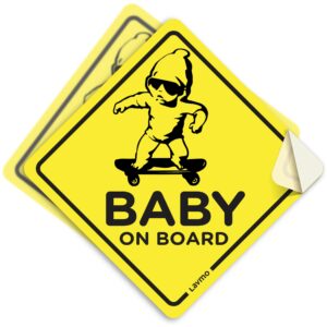 lavmo baby on board sticker for cars (2 pcs) - bright yellow reflective safety signs - 5"x5" funny and cute safety caution decal sign for window and bumper - no need for suction cups and magnets