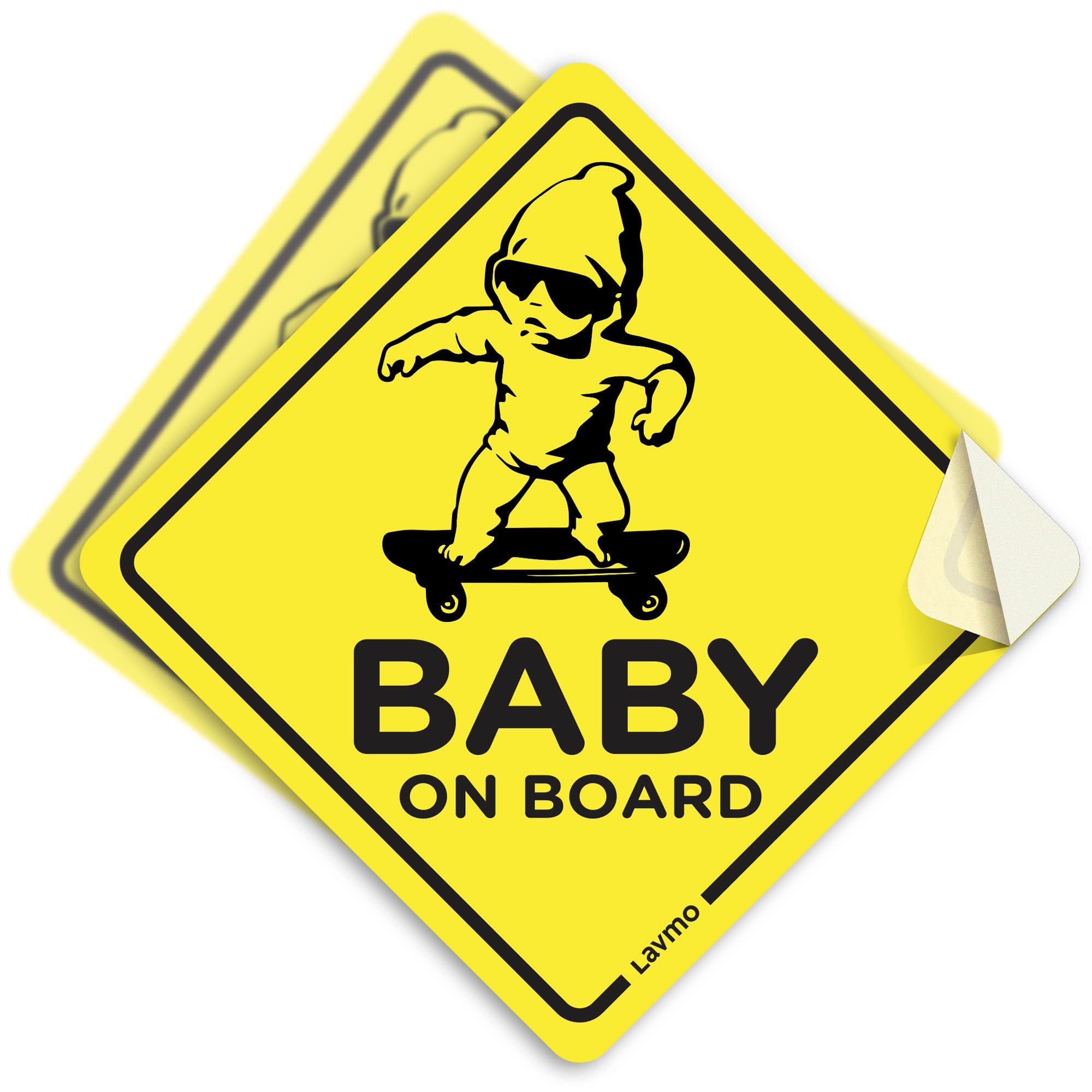 LAVMO Baby On Board Sticker For Cars (2 Pcs) - Bright Yellow Reflective Safety Signs - 5"x5" Funny and Cute Safety Caution Decal Sign for Window and Bumper - No Need for Suction Cups and Magnets