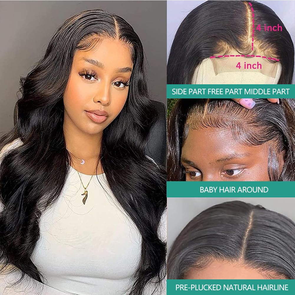 4x4 Body Wave Lace Front Wigs Human Hair Pre Plucked with Baby Hair 150% Density 16 Inch Human Hair Wigs Brazilian Virgin Frontal 4x4 Glueless HD Lace Closure Wig Human Hair for Black Women