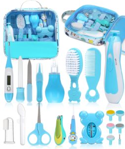 baby healthcare and grooming kit, electric safety nail trimmer baby nursery kit, newborn care kits with hair brush comb for newborn infant toddlers baby boys girls kids, baby shower gifts (blue)