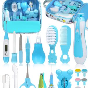 Baby Healthcare and Grooming Kit, Electric Safety Nail Trimmer Baby Nursery Kit, Newborn Care Kits with Hair Brush Comb for Newborn Infant Toddlers Baby Boys Girls Kids, Baby Shower Gifts (Blue)