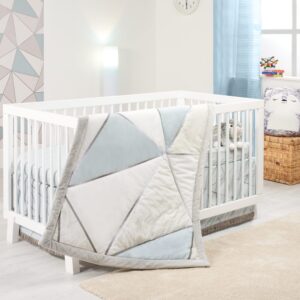 oberlux crib bedding set for boys | 4-piece baby nursery bedding crib set | geometric patterns, shiny silver, baby blue & marble prints | precious collection