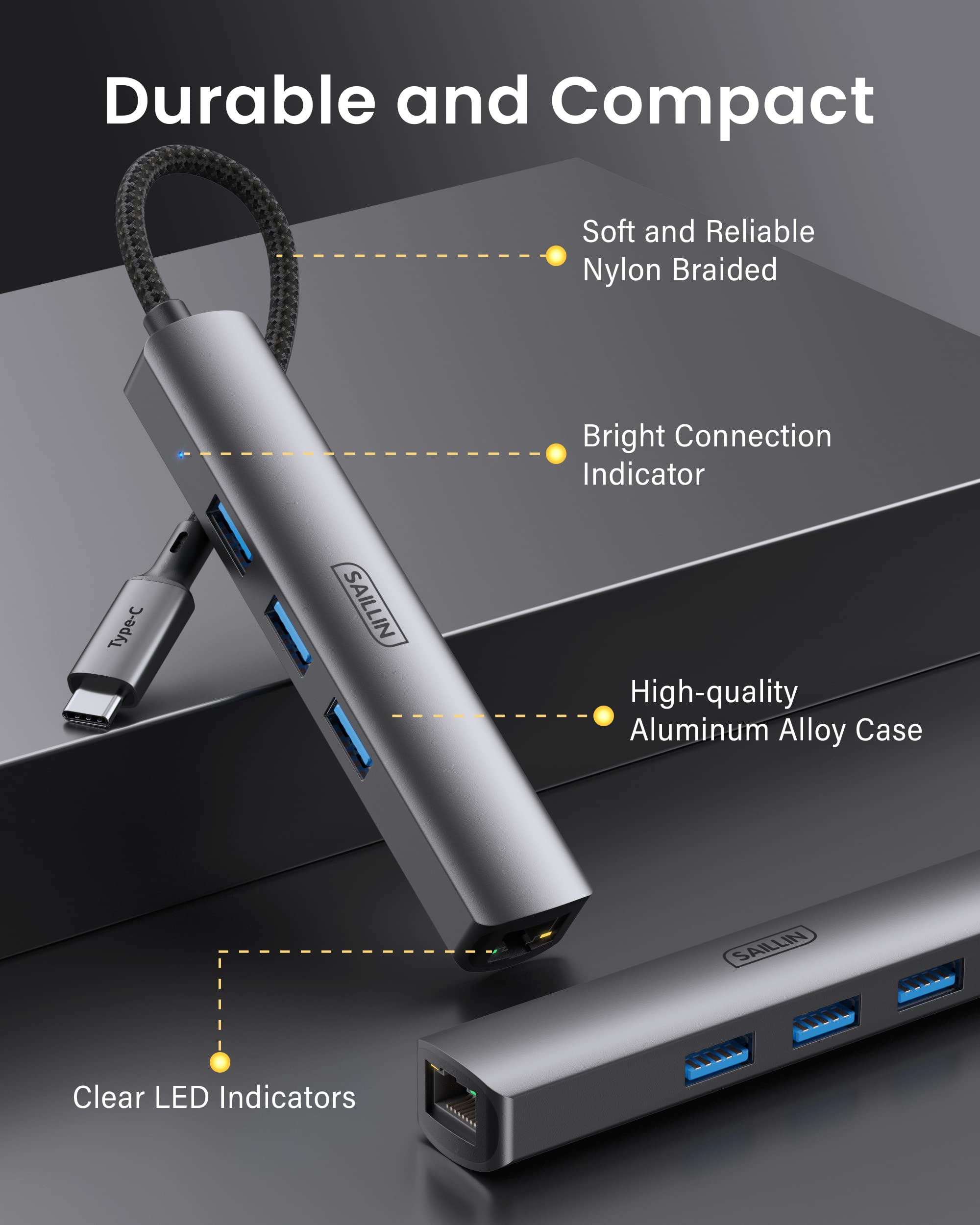 USB C to Ethernet Adapter, SAILLIN USB C Hub with RJ45 Gigabit and 3 USB 3.0 Ports, Thunderbolt 3 Multiport Adapter Hub 4 in 1 for MacBook Pro/Air, iPad Pro, iMac, Dell XPS, Surface Pro, Chromebook