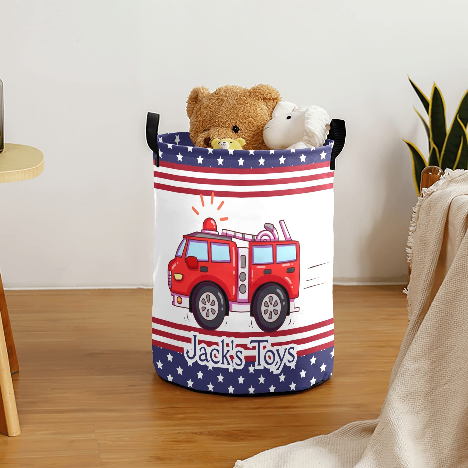 Grandkli Red Fire Truck Personalized Freestanding Laundry Hamper, Custom Waterproof Collapsible Drawstring Basket Storage Bins with Handle for Clothes, Toy, 50cm x 36cm