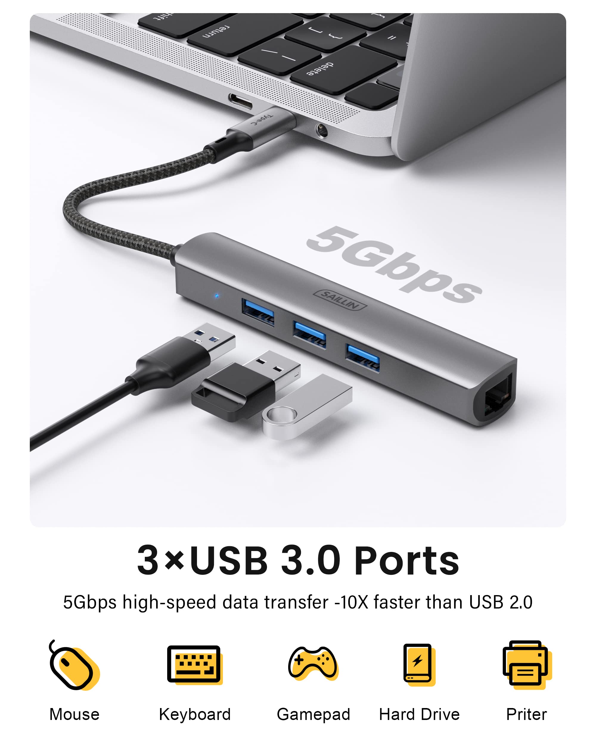 USB C to Ethernet Adapter, SAILLIN USB C Hub with RJ45 Gigabit and 3 USB 3.0 Ports, Thunderbolt 3 Multiport Adapter Hub 4 in 1 for MacBook Pro/Air, iPad Pro, iMac, Dell XPS, Surface Pro, Chromebook