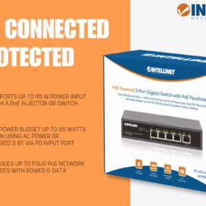 Intellinet PoE++ Powered 5 Port Gigabit Ethernet Switch with PoE Passthrough - 65W Power Budget via AC Power & 95W Power Budget via POE PD, 30W per Port, Fanless & Quiet–3 Yr Mfg Warranty-561808