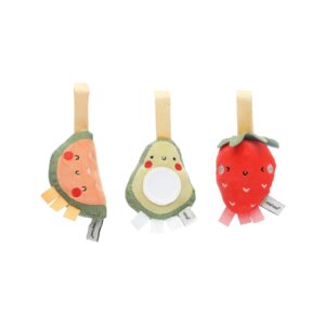 pearhead fruit stroller toys, plush interactive toy set for baby car seat with hanging mirror, gender-neutral travel accessories, strawberry avocado watermelon, set of 3