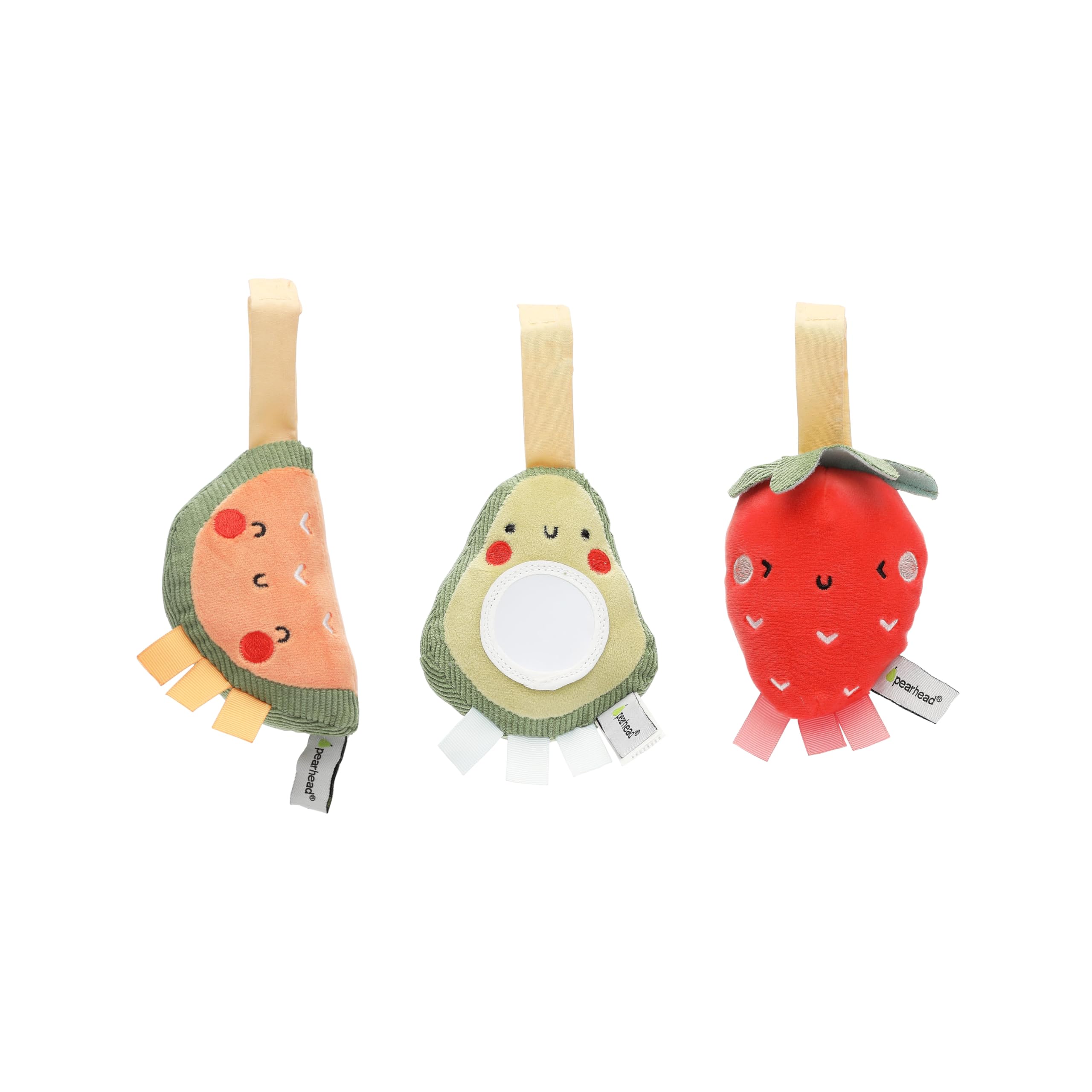 Pearhead Fruit Stroller Toys, Plush Interactive Toy Set for Baby Car Seat with Hanging Mirror, Gender-Neutral Travel Accessories, Strawberry Avocado Watermelon, Set of 3