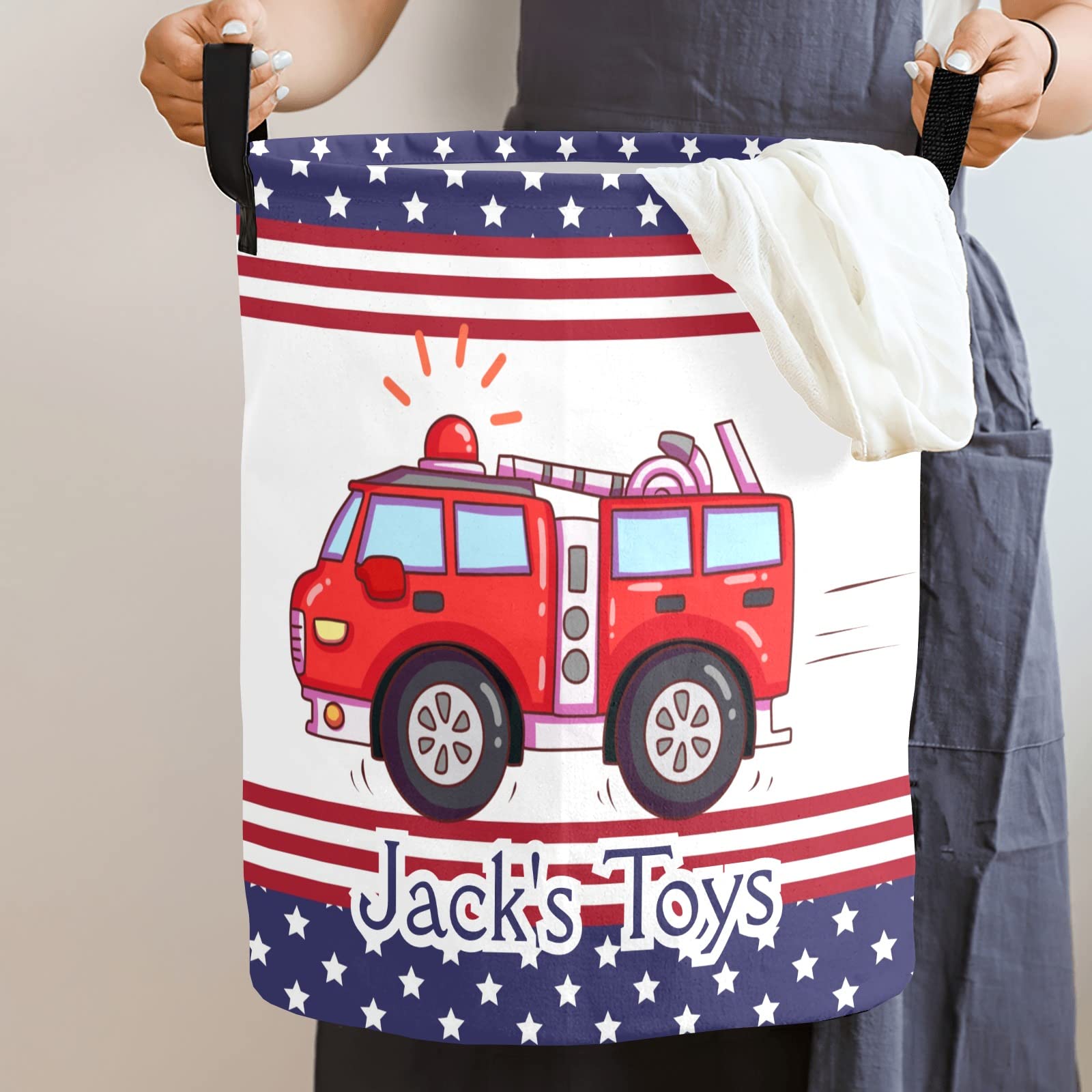 Grandkli Red Fire Truck Personalized Freestanding Laundry Hamper, Custom Waterproof Collapsible Drawstring Basket Storage Bins with Handle for Clothes, Toy, 50cm x 36cm