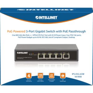 Intellinet PoE++ Powered 5 Port Gigabit Ethernet Switch with PoE Passthrough - 65W Power Budget via AC Power & 95W Power Budget via POE PD, 30W per Port, Fanless & Quiet–3 Yr Mfg Warranty-561808