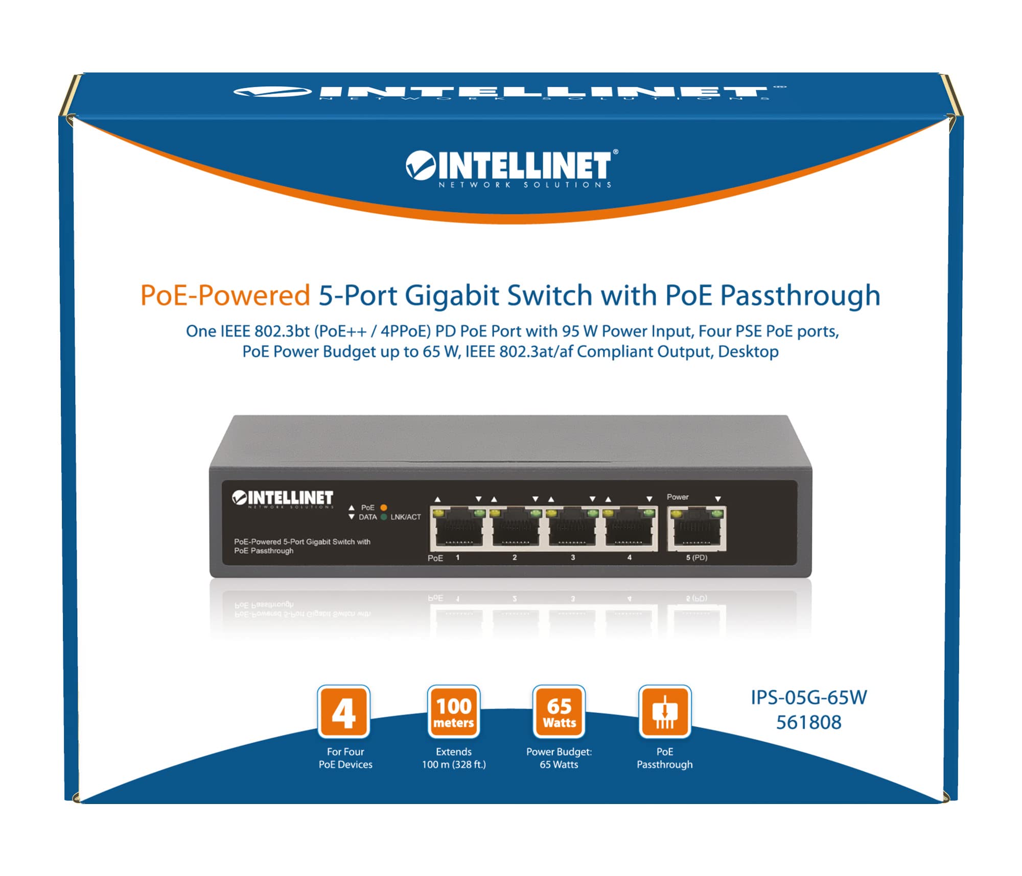 Intellinet PoE++ Powered 5 Port Gigabit Ethernet Switch with PoE Passthrough - 65W Power Budget via AC Power & 95W Power Budget via POE PD, 30W per Port, Fanless & Quiet–3 Yr Mfg Warranty-561808