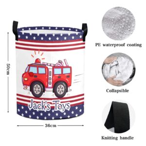 Grandkli Red Fire Truck Personalized Freestanding Laundry Hamper, Custom Waterproof Collapsible Drawstring Basket Storage Bins with Handle for Clothes, Toy, 50cm x 36cm