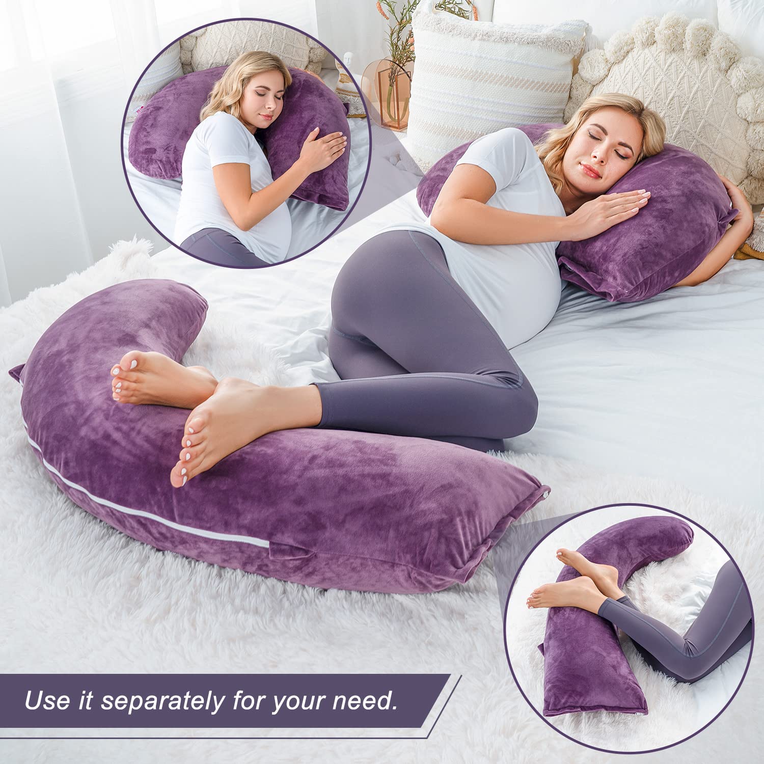 Meiz Pregnancy Pillows, Detachable Pregnancy Pillows for Sleeping, Pregnancy Body Pillow, Maternity Body Pillow for Sleeping, C Shaped Body Pillow with Velvet Cover, Dark Purple