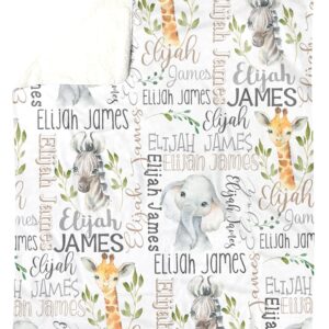 Personalized Baby Boy Blanket, Custom Name Boy Blanket, Safari Animal Print Blanket, Baby Name Repeat Blanket, Elephant Giraffe Ze King