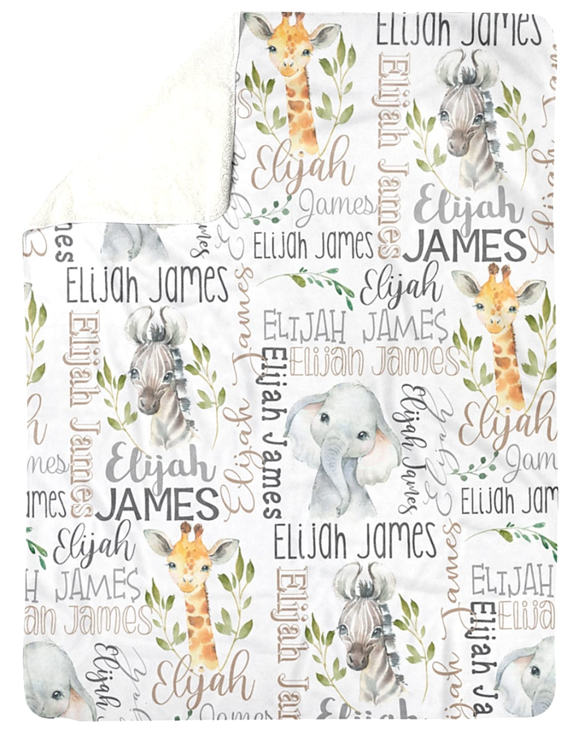 Personalized Baby Boy Blanket, Custom Name Boy Blanket, Safari Animal Print Blanket, Baby Name Repeat Blanket, Elephant Giraffe Ze King