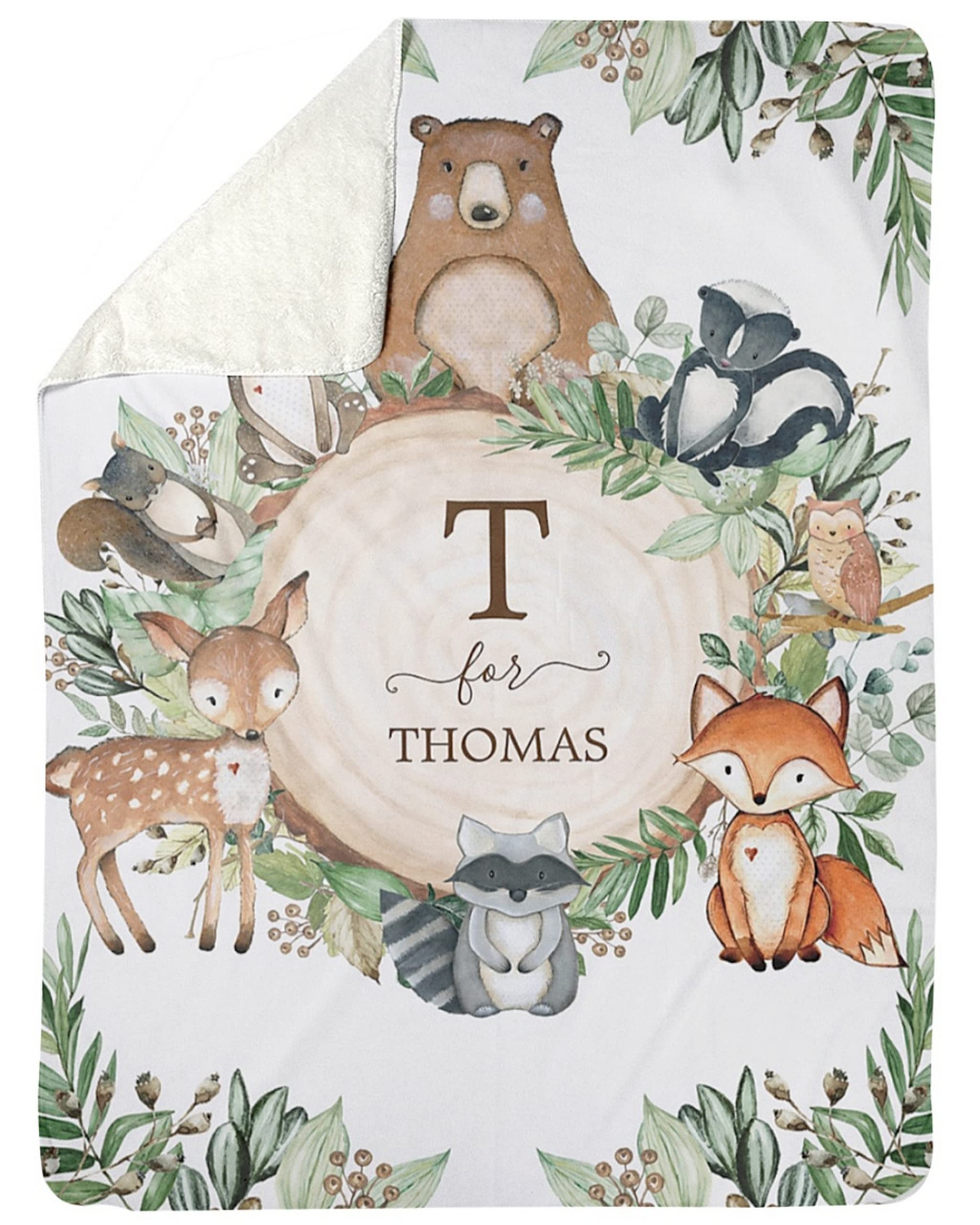 NAZENTI Woodland Blanket, Personalized Baby Girl Blanket, Rustic Botanical Woodland Baby Animals Monogram Baby Blanket, Baby Boy Blanket, (30x40, 50x60, 60x80 Inches)