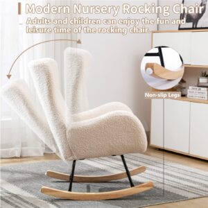 Olela Modern Rocking Chair Teddy Fabric Padded Seat with High Backrest and Armrests Accent Chair Lambswool Armchair Single Sofa Chair with Solid Wood Legs for Living Room Bedroom Playroom (Beige)