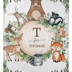 NAZENTI Woodland Blanket, Personalized Baby Girl Blanket, Rustic Botanical Woodland Baby Animals Monogram Baby Blanket, Baby Boy Blanket, (30x40, 50x60, 60x80 Inches)