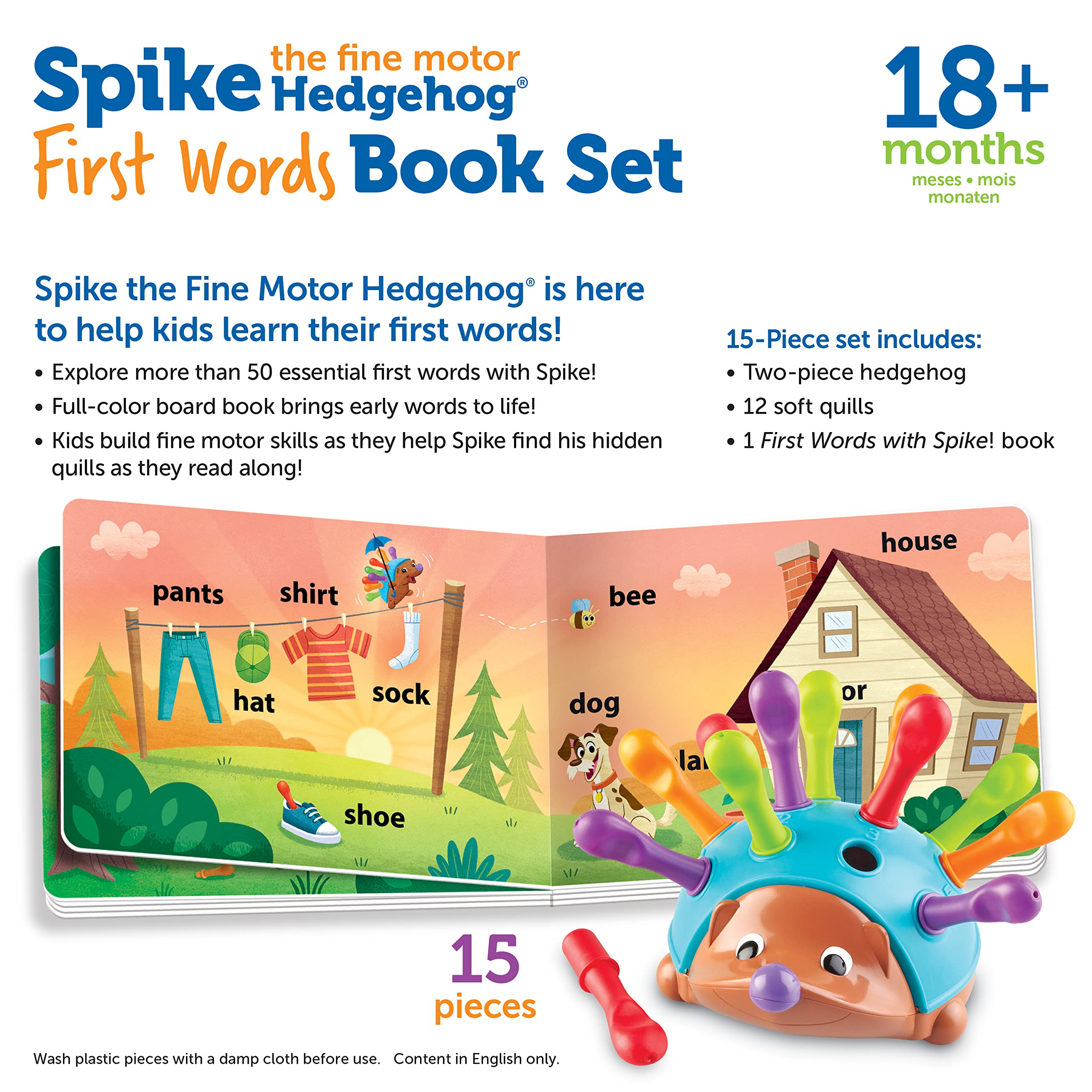 Learning Resources Spike The Fine Motor Hedgehog First Words -Ages 18+ Months,15 Pieces, Toddler Learning Toys, Fine Motor Fun for Kids, Preschool Toys