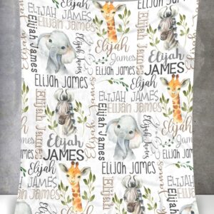 Personalized Baby Boy Blanket, Custom Name Boy Blanket, Safari Animal Print Blanket, Baby Name Repeat Blanket, Elephant Giraffe Ze King