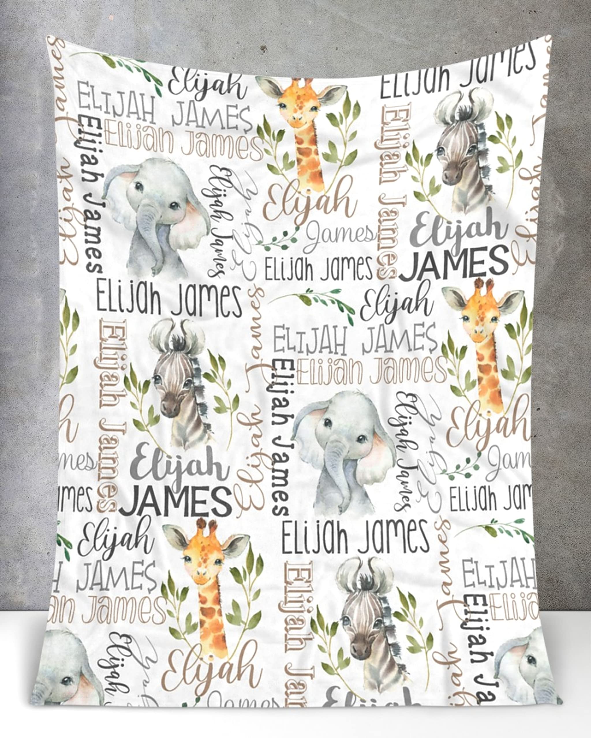 Personalized Baby Boy Blanket, Custom Name Boy Blanket, Safari Animal Print Blanket, Baby Name Repeat Blanket, Elephant Giraffe Ze King