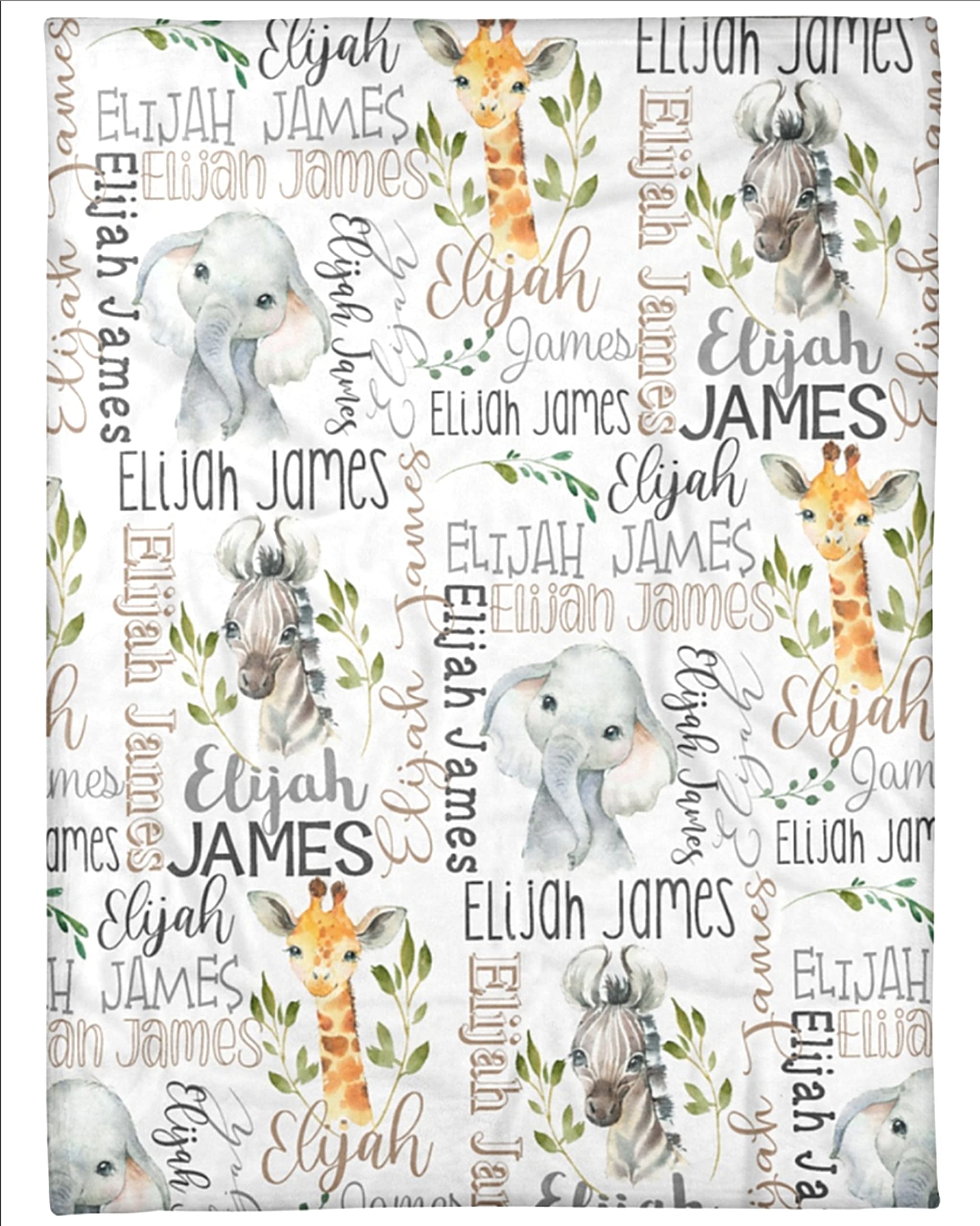 Personalized Baby Boy Blanket, Custom Name Boy Blanket, Safari Animal Print Blanket, Baby Name Repeat Blanket, Elephant Giraffe Ze King