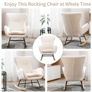 Olela Modern Rocking Chair Teddy Fabric Padded Seat with High Backrest and Armrests Accent Chair Lambswool Armchair Single Sofa Chair with Solid Wood Legs for Living Room Bedroom Playroom (Beige)