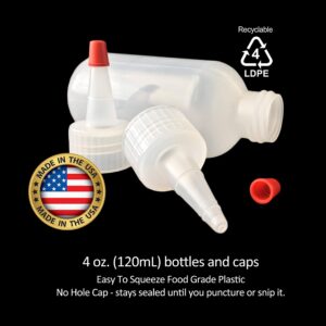 510 Central Yorker Squeeze Bottles (4oz, 2 Pack) Boston Round with Red Tip Caps - LDPE Plastic - Made in USA