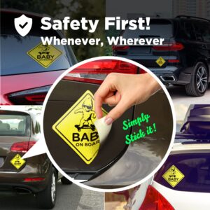 LAVMO Baby On Board Sticker For Cars (2 Pcs) - Bright Yellow Reflective Safety Signs - 5"x5" Funny and Cute Safety Caution Decal Sign for Window and Bumper - No Need for Suction Cups and Magnets