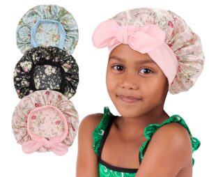 3 pieces kids satin bonnet silky sleep cap wide elastic band hair bonnet for girls toddler child flowerblackpb