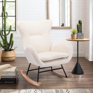 olela modern rocking chair teddy fabric padded seat with high backrest and armrests accent chair lambswool armchair single sofa chair with solid wood legs for living room bedroom playroom (beige)