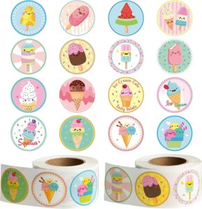 w1cwey 1000pcs ice cream sticker rolls(2 rolls), 1.5 inch 16 design cartoon summer theme ice cream sticker with smile face cute self-adhesive decals decorative stickers for kids rewards party supplies