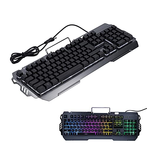 Wired Gaming Keyboard, RGB Led Backlit Mechanical Keyboard with Hand Rest Phone Holder, 104 Keys 2 Colors Keycaps Backlit Alloy Panel Computer Keyboard