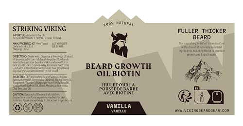 Striking Viking Beard Growth Oil with Biotin - Thickening & Conditioning Beard Oil Growth - Naturally Derived Beard Oil for Facial Hair Growth for Men Vanilla, 2 Fl Oz (Pack of 1) - Vanilla Beard Oil