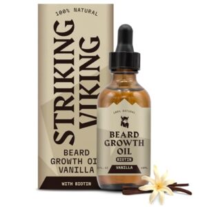 striking viking beard growth oil with biotin - thickening & conditioning beard oil growth - naturally derived beard oil for facial hair growth for men vanilla, 2 fl oz (pack of 1) - vanilla beard oil