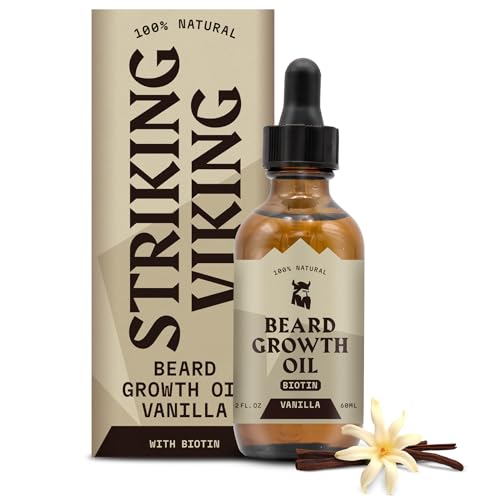 Striking Viking Beard Growth Oil with Biotin - Thickening & Conditioning Beard Oil Growth - Naturally Derived Beard Oil for Facial Hair Growth for Men Vanilla, 2 Fl Oz (Pack of 1) - Vanilla Beard Oil