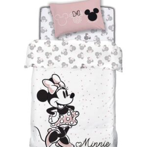 Pink Minnie Bedding Set 100% Cotton Toddler Crib Bed 3 Pcs (Fitted Sheet, Pillowcase, and Duvet Cover)