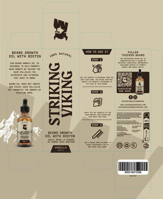 Striking Viking Beard Growth Oil with Biotin - Thickening & Conditioning Beard Oil Growth - Naturally Derived Beard Oil for Facial Hair Growth for Men Vanilla, 2 Fl Oz (Pack of 1) - Vanilla Beard Oil