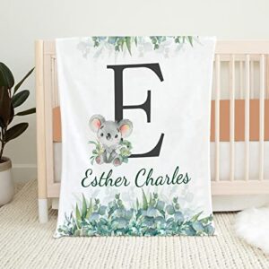 PUREFLY Personalized Baby Blankets with Name for Boys-Custom Monogrammed Name Baby Blanket for Girls Boys, Customized Jungle Koala Bear Leaf Toddler Baby Fleece Blankets Gifts for Newborn Infant