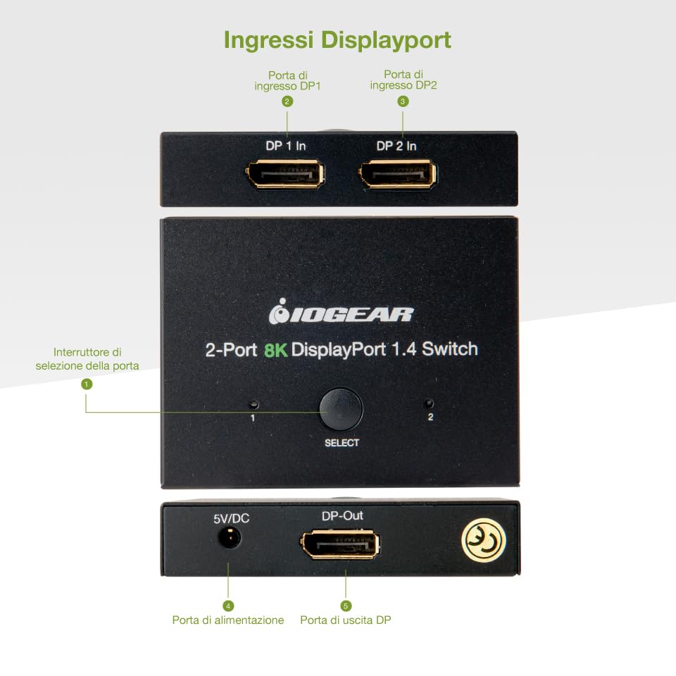 IOGEAR DisplayPort 1.4 Switcher 8K 60Hz - 2 Port Converter 2 in to 1 Out - HD Audio - GDP14SW2