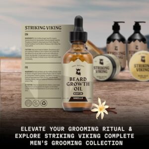 Striking Viking Beard Growth Oil with Biotin - Thickening & Conditioning Beard Oil Growth - Naturally Derived Beard Oil for Facial Hair Growth for Men Vanilla, 2 Fl Oz (Pack of 1) - Vanilla Beard Oil