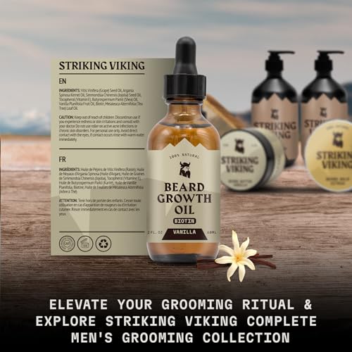 Striking Viking Beard Growth Oil with Biotin - Thickening & Conditioning Beard Oil Growth - Naturally Derived Beard Oil for Facial Hair Growth for Men Vanilla, 2 Fl Oz (Pack of 1) - Vanilla Beard Oil