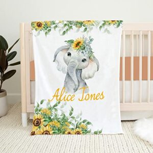 PUREFLY Personalized Baby Blankets with Name for Girls-Custom Name Baby Blanket for Girls, Customized Elephant Floral Sunflowers Toddler Baby Fleece Blankets for Girls Boys Gifts for Newborn Infant