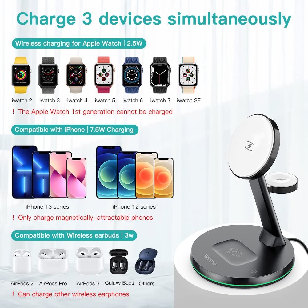 Weetla 3 in 1 Magnetic Wireless Charger Stand,15W Fast Wireless Charger with QC 3.0 Adapter,Wireless Charging Station for iPhone 14,13,12/ProMax/Pro/Mini/Plus, iWatch 8/7/6/SE/5/4/3/2, AirPods Pro/3/2