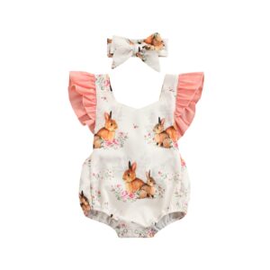 rsrzrcj infant baby girl easter clothes cute rabbit strappy suspender overall ruffle romper jumpsuit bodysuit one piece (two rabbits with flowers, 0-6 months)