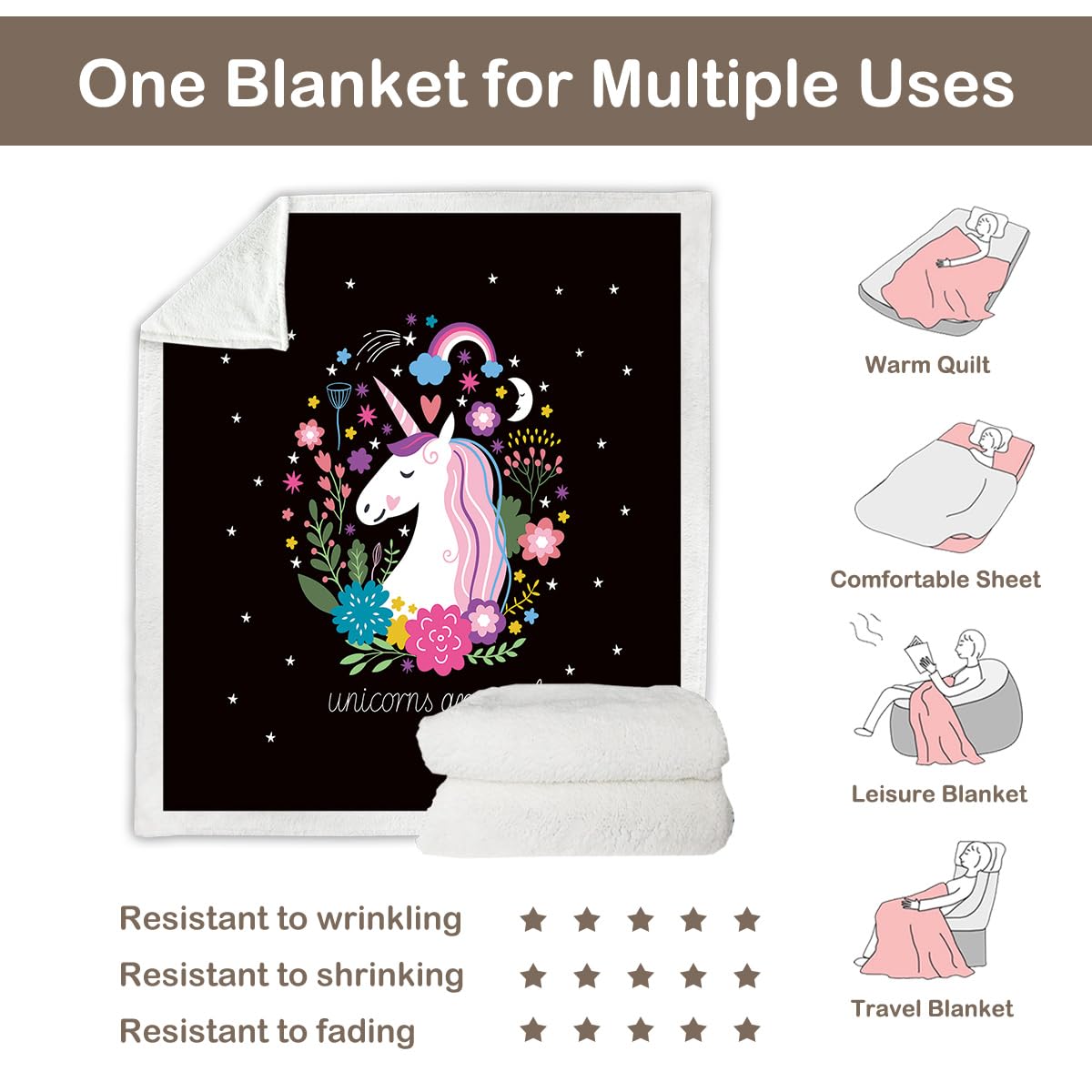 Sleepwish Cute Plush Unicorn Soft Blanket Girls Cartoon Unicorn with Flowers Fleece Blanket Black Sherpa Blanket Unicorn Gifts for Kids Adults Women,Baby(30"x40")