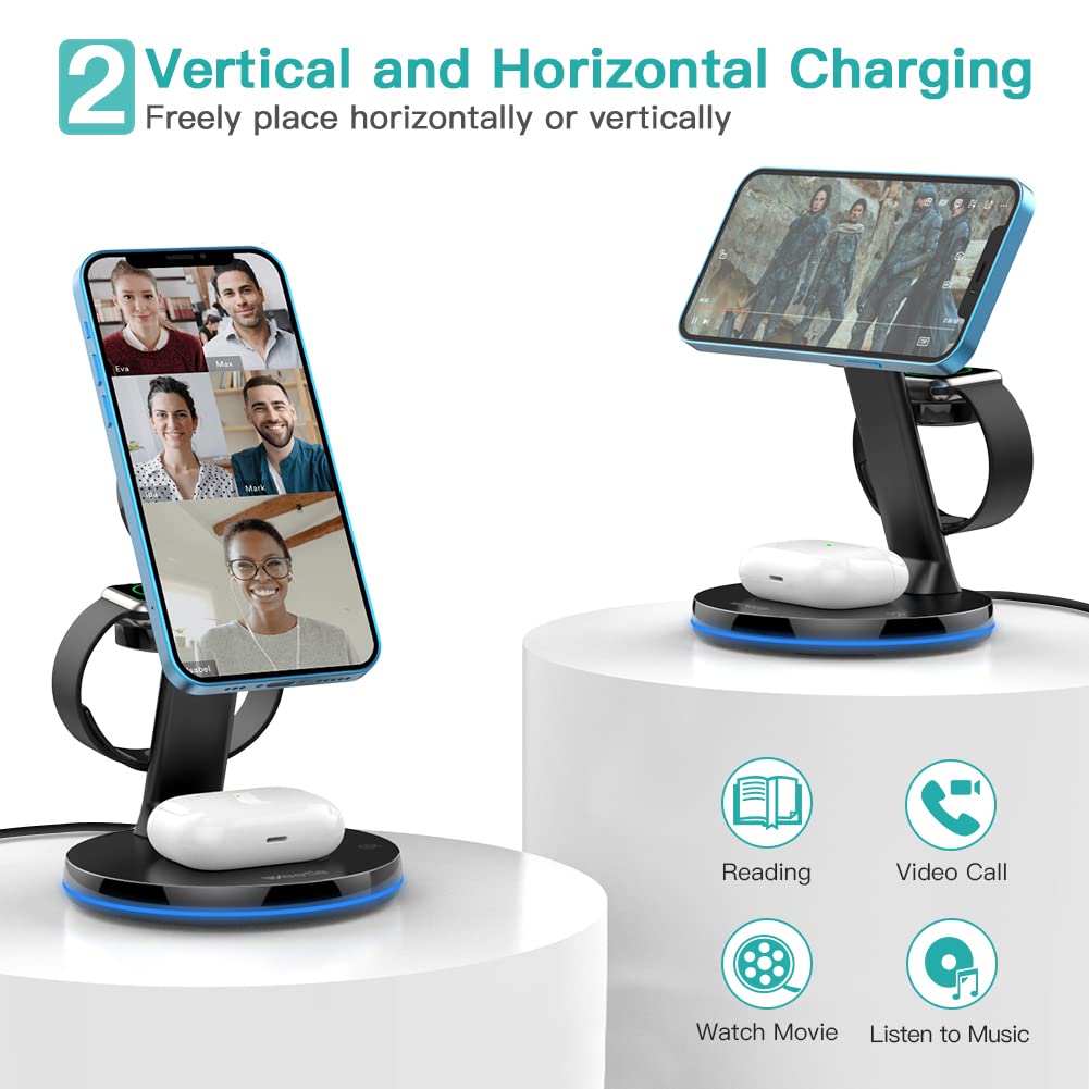 Weetla 3 in 1 Magnetic Wireless Charger Stand,15W Fast Wireless Charger with QC 3.0 Adapter,Wireless Charging Station for iPhone 14,13,12/ProMax/Pro/Mini/Plus, iWatch 8/7/6/SE/5/4/3/2, AirPods Pro/3/2