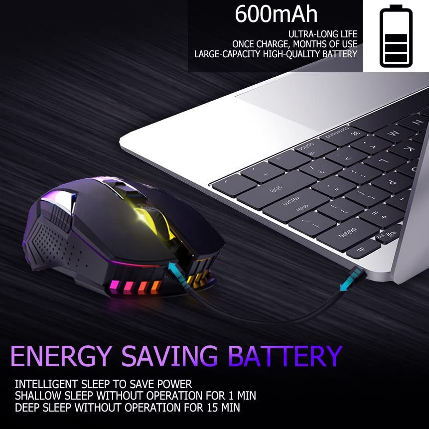 Wireless Gaming Mouse, RGB Wireless Mouse with Silent Ergonomics Button, USB C Rechargeable 7 Colors Cool LED Light Up Computer Mice, 3 Level Dpi for PC Gamer/Game Mauser/Laptop/Chromebook/Mac - Black